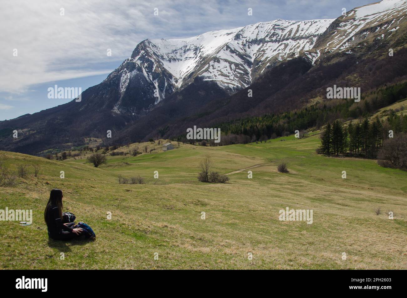 MONTEGALLO, ITALY - MARCH 25, 2023: Portrait of woman admiring the ...