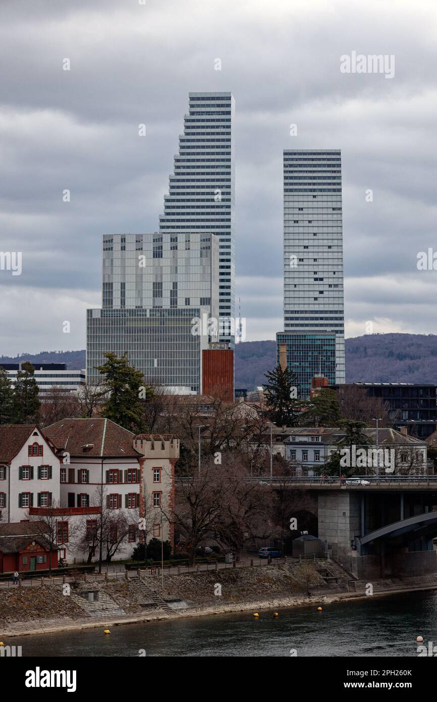 BASEL, SWITZERLAND - FEBRUARY 27, 2023: Skyscrapers on the city skyline ...
