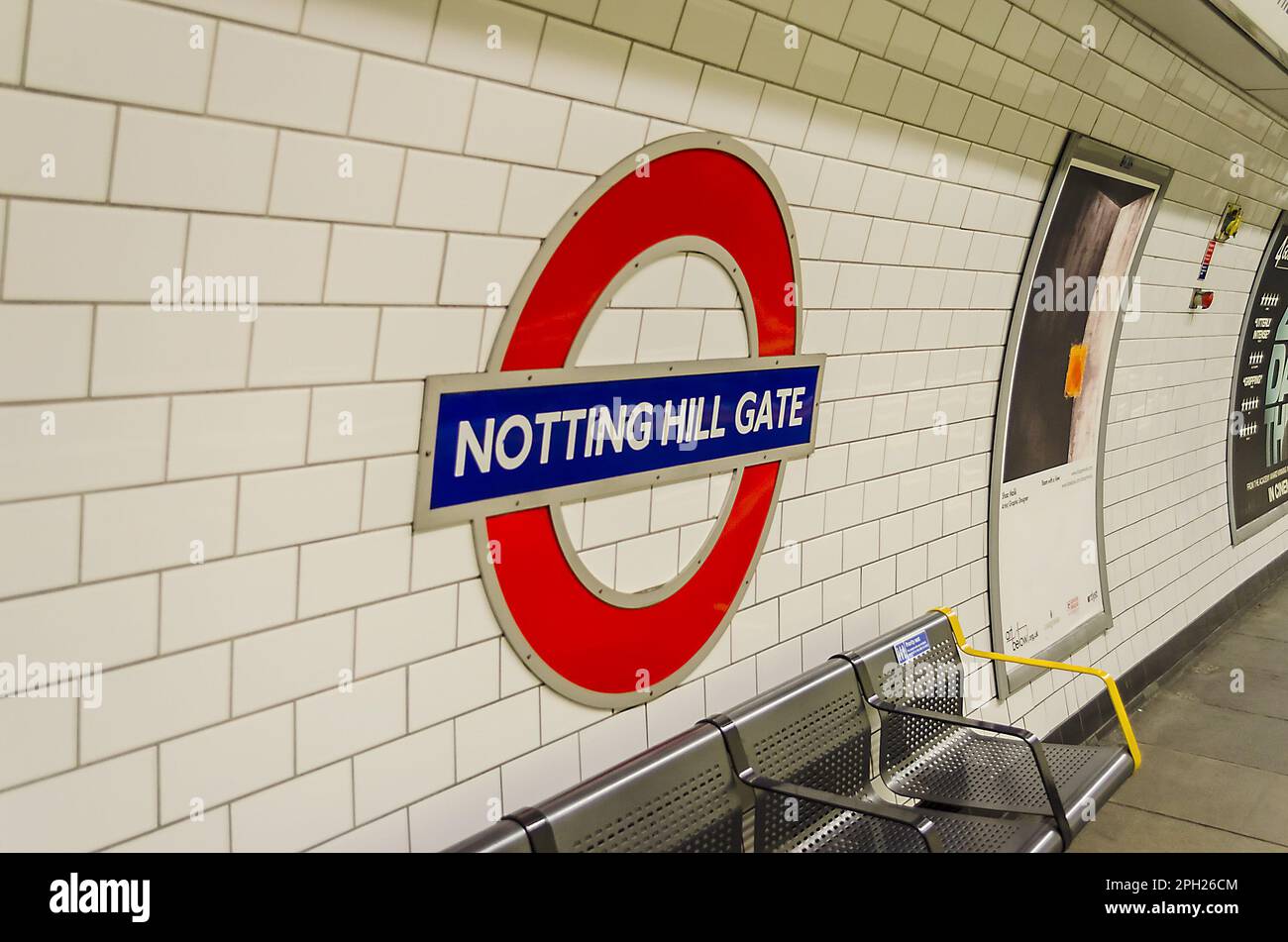 LONDON - MAY 28: Notting Hill Gate subway sign in London, May 28, 2013 ...