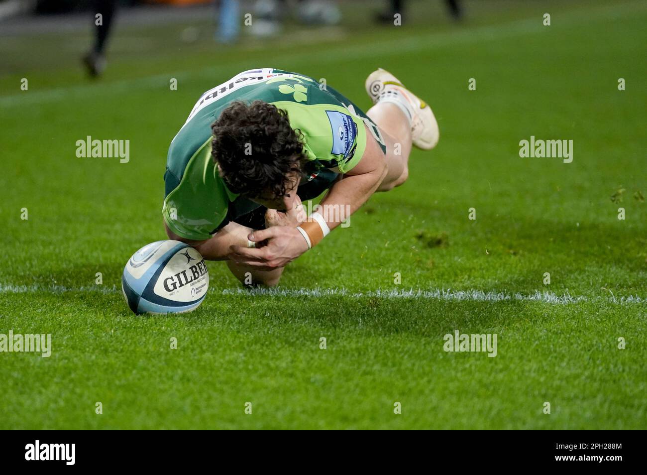 London Irish's Henry Arundell fumbles a try on the ground before ...