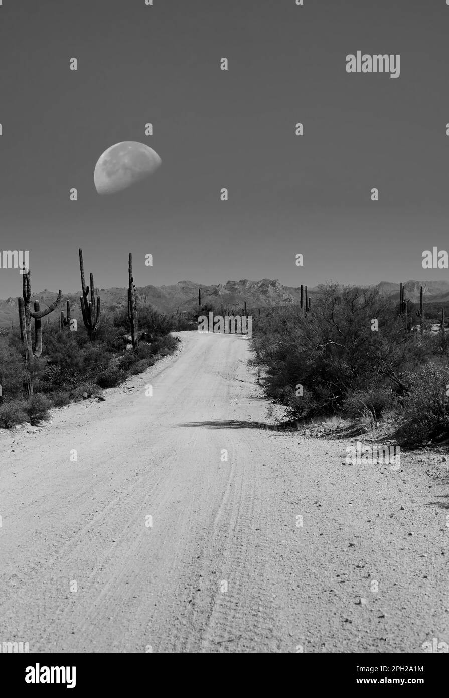 Moon rising over Dirt road leading off into the desert mountains of ...