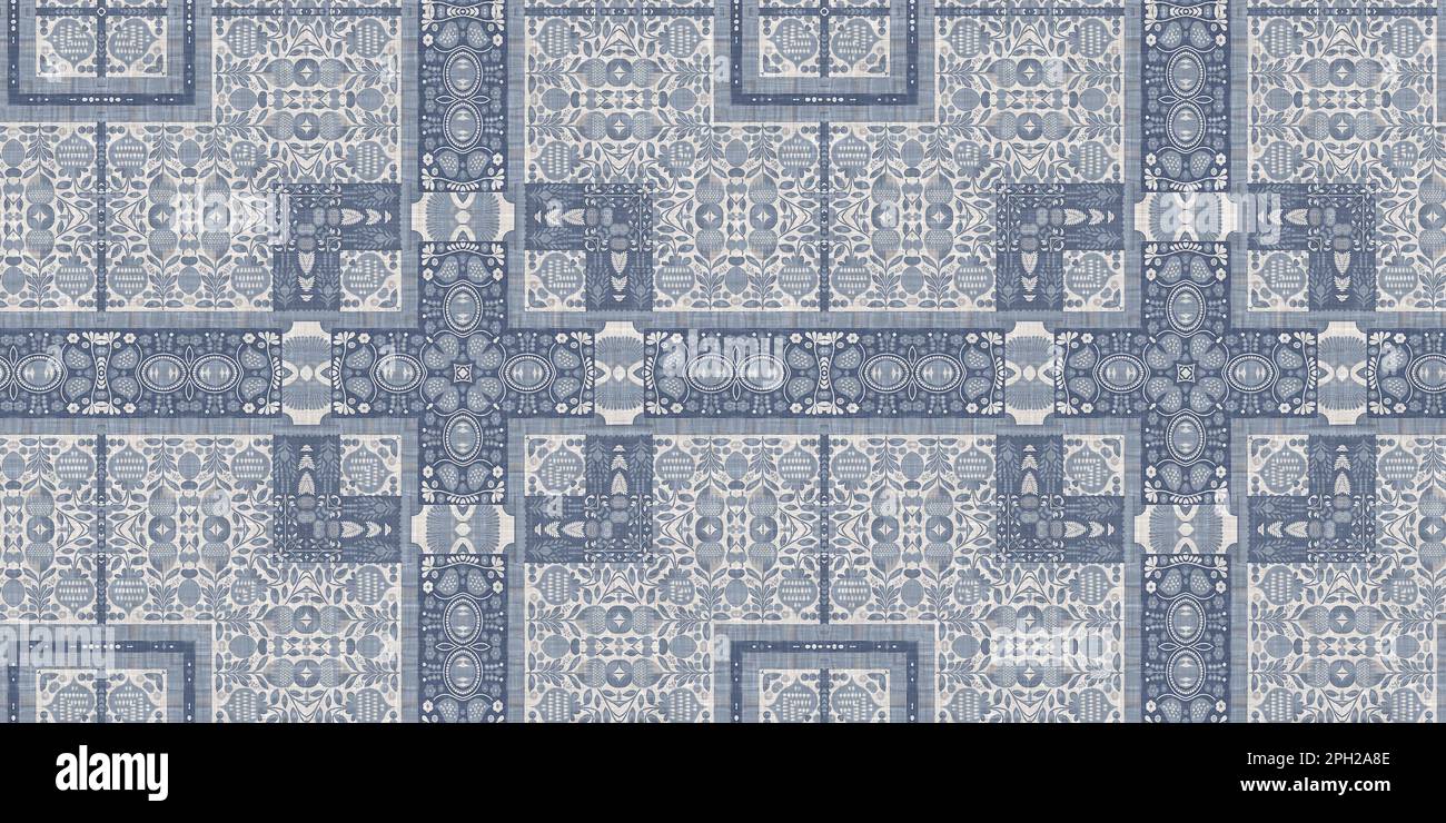 Farm house blue damask seamless border. Tonal french intricate cottage ...