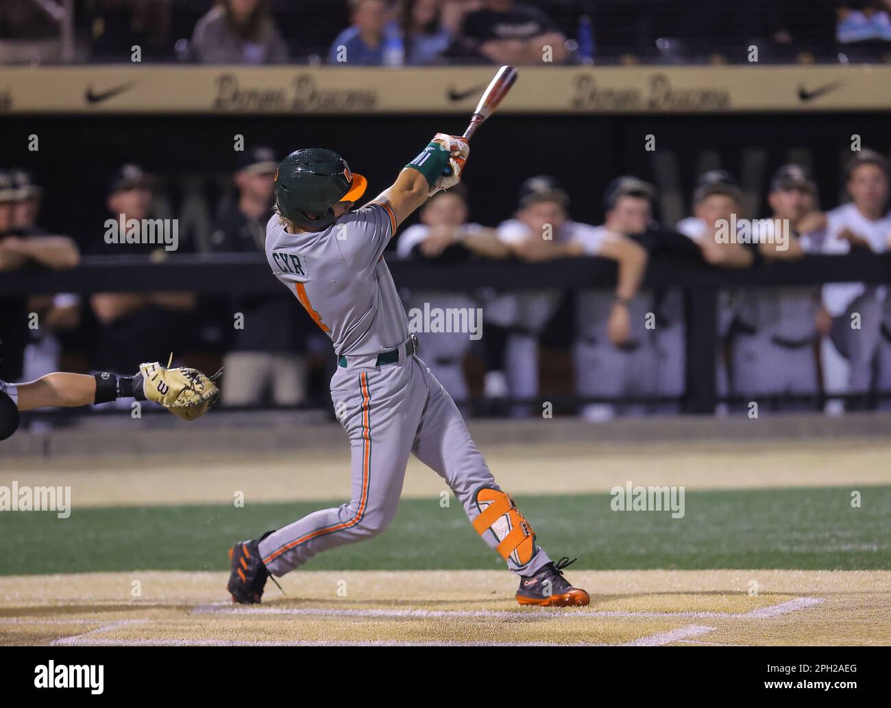 March 24, 2023: University of Miami freshman Blake Cyr (4) hits ball to ...