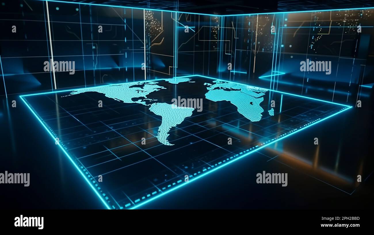 World map connected to the crypto network. Global map with 3D light ...