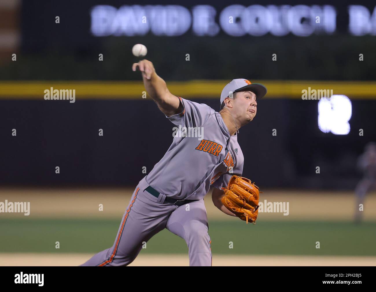 March 24, 2023: University of Miami sophomore Karson Ligon (13) pitches ...