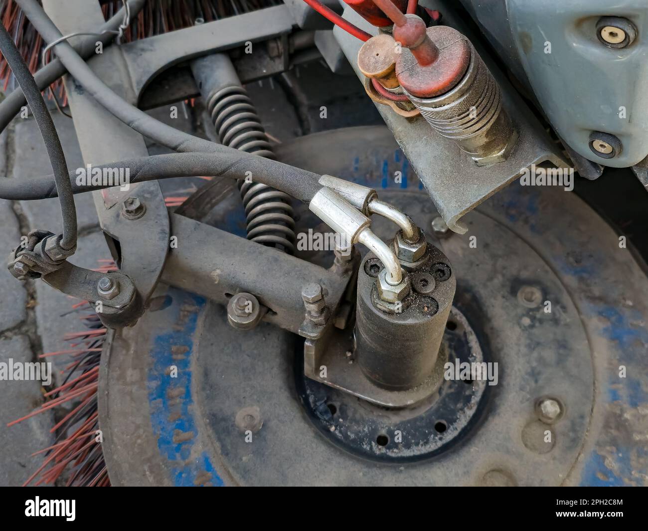 Close-up sweeper machine cleaning. Concept clean streets from debris ...