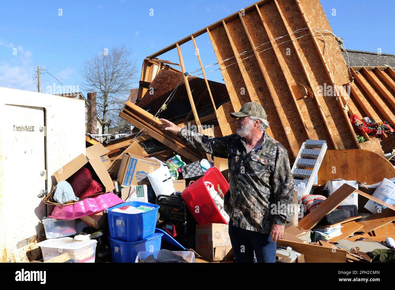 Tim Foster stands outside the safe room Saturday, March 25, 2023, where ...