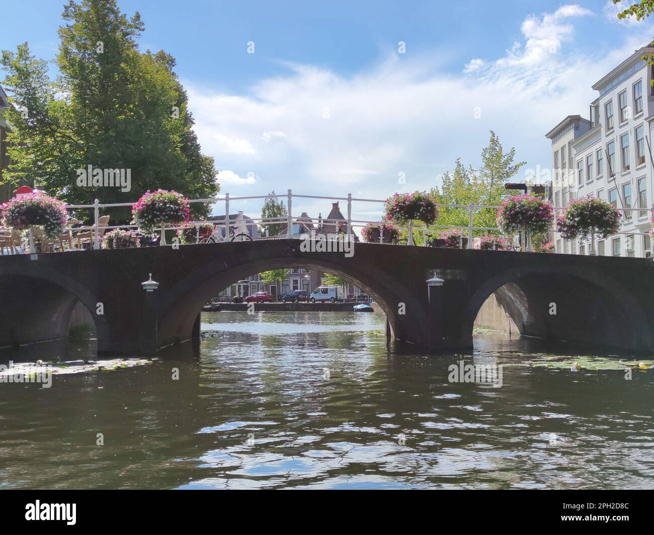 Traditional Dutch arch bridge over a canal, decorated with pelargonium ...