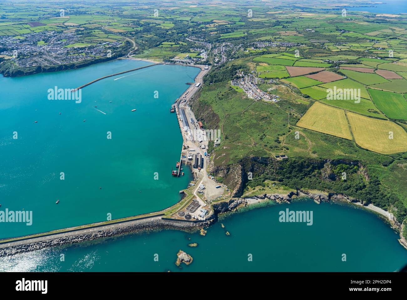 Aerial views over Fishguard Harbour, Pembrokeshire, West Wales Stock ...