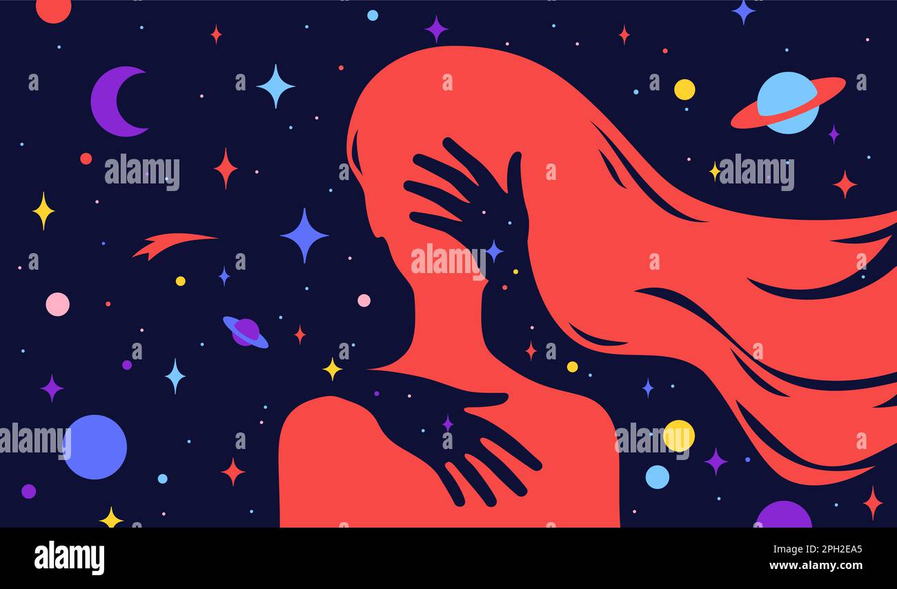 Modern flat character. Hands hug silhouette of woman with dream ...