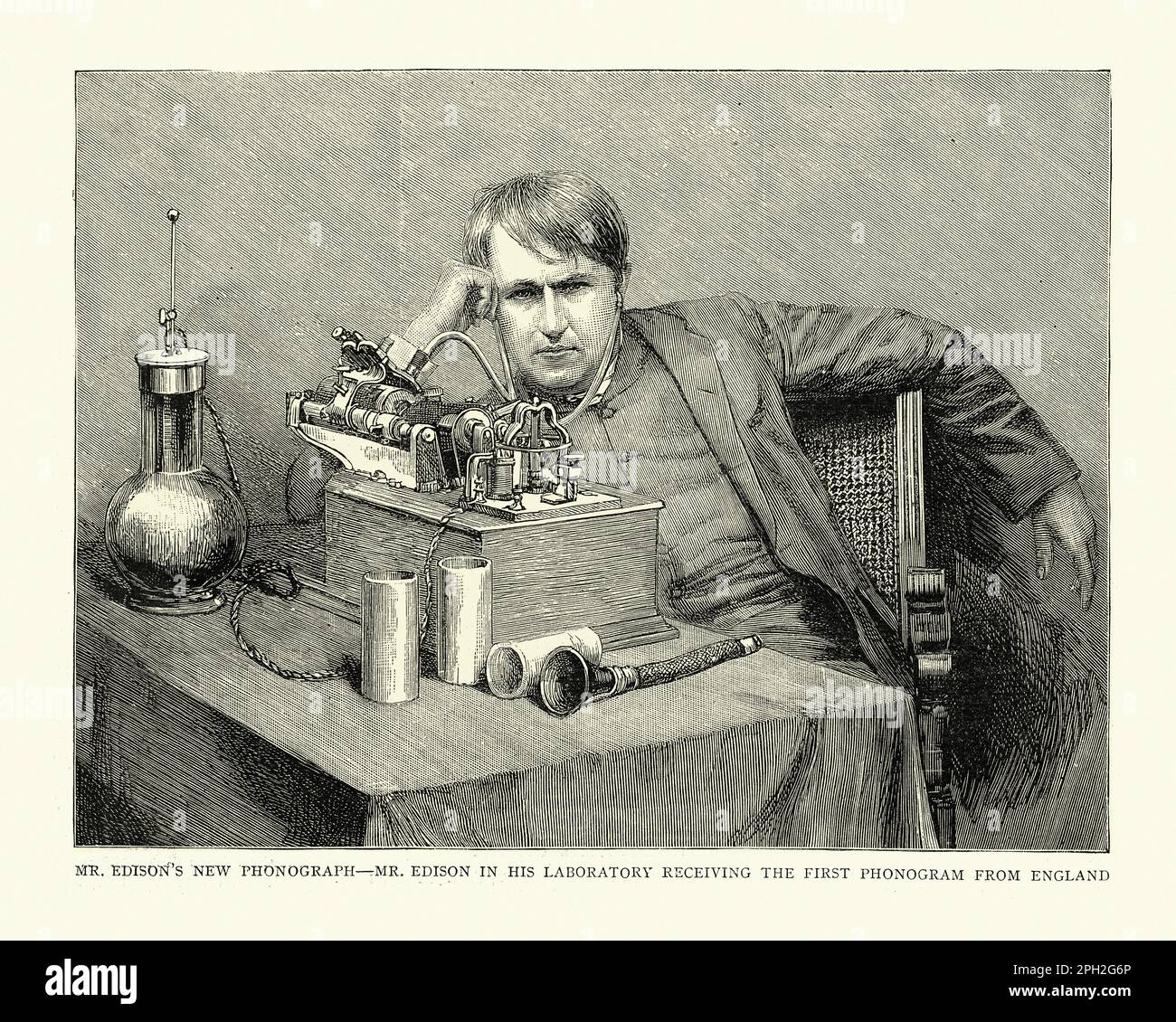 Vintage illustration of Thomas Edison and the phonograph, receiving ...