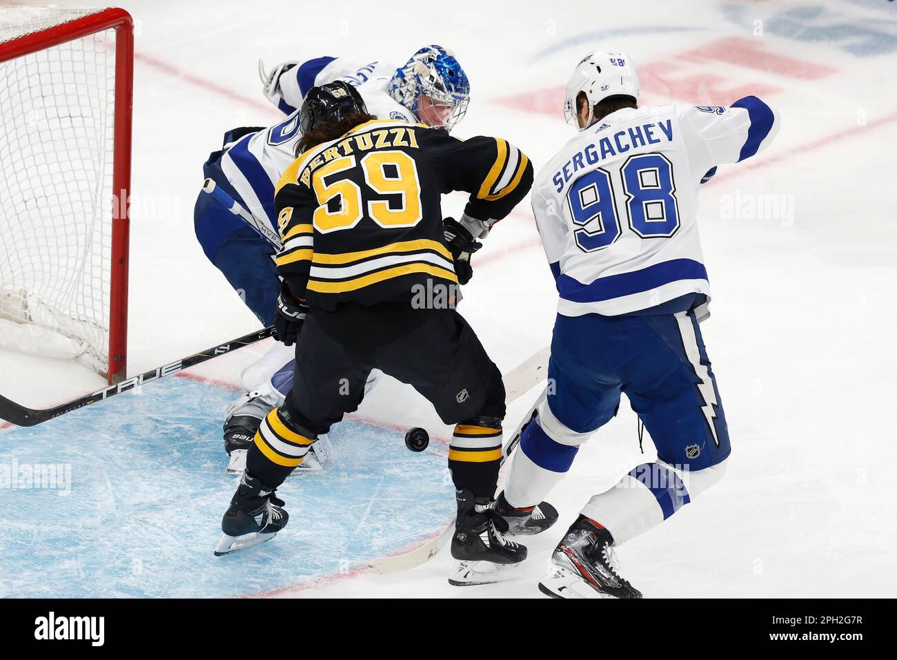 Boston Bruins' Tyler Bertuzzi (59) tries to get a shot on Tampa Bay ...