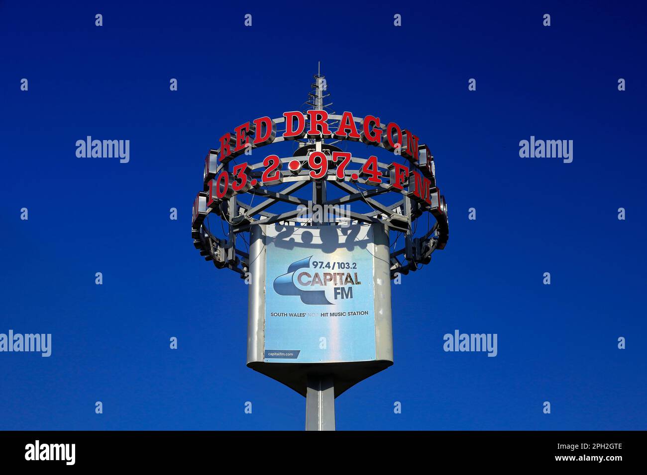 Cardiff Bay-Red Dragon Radio sign against blue sky Taken March 2023 ...