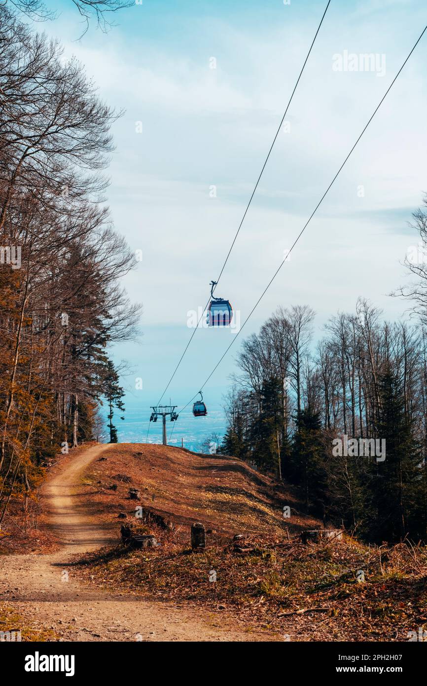 Cable car, funicular in the mountains. Cableway cabin for people ...