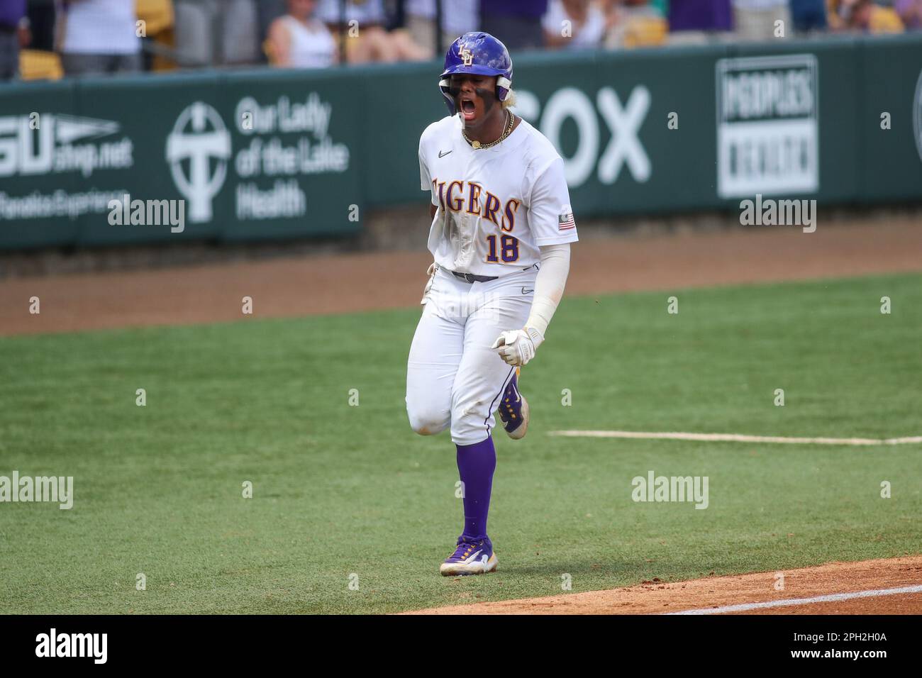 Baton Rouge, LA, USA. 25th Mar, 2023. LSU's Tre' Morgan (18) celebrates ...