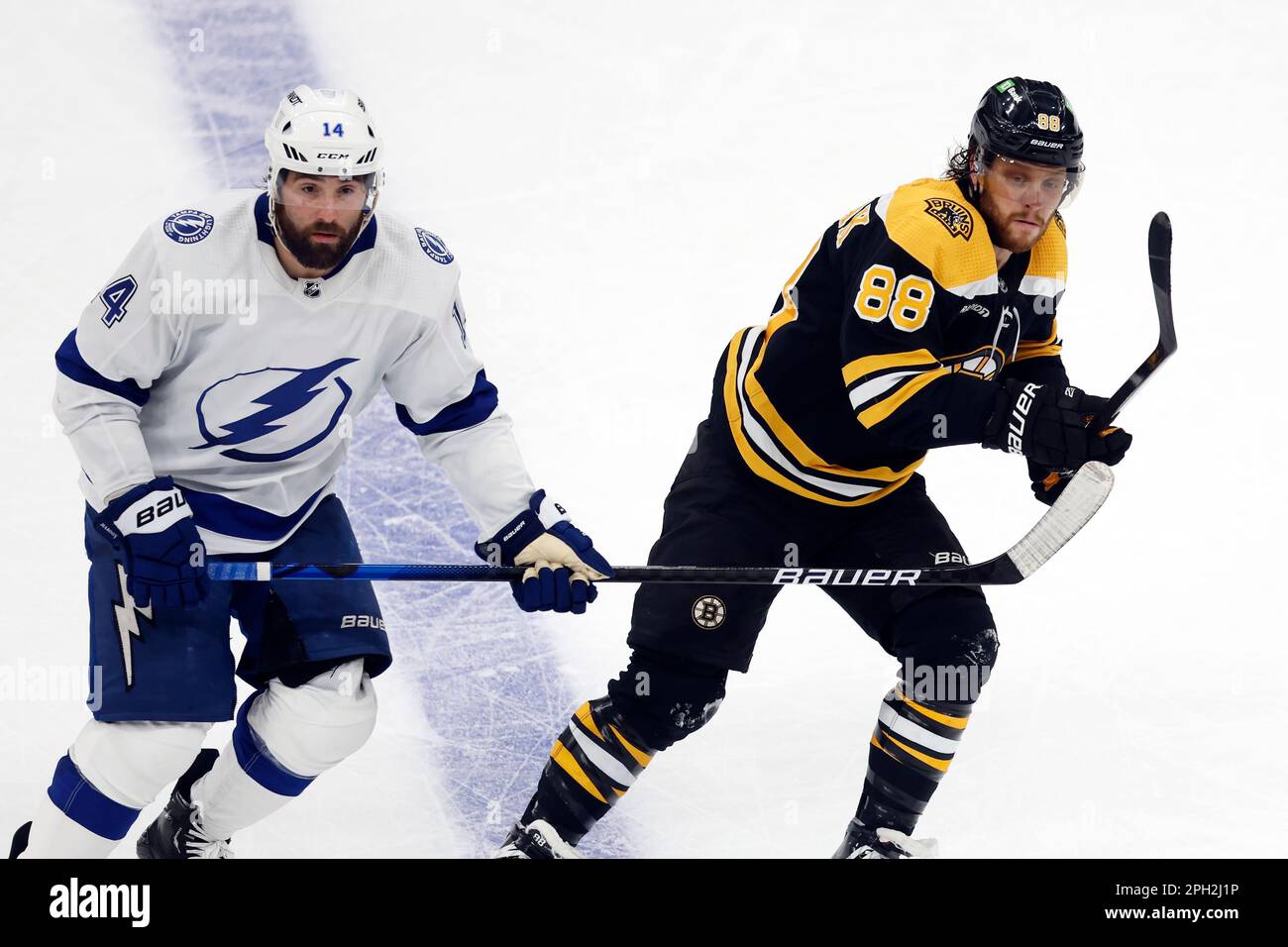 Tampa Bay Lightning's Pat Maroon (14) defends against Boston Bruins ...