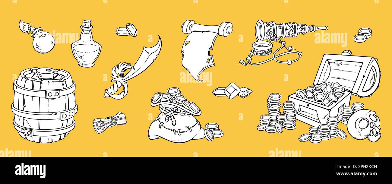 Pirate set with treasure chest, map, skull, rum burrel, sack with coins ...