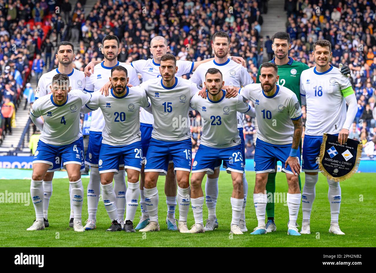 Glasgow, UK. 25th Mar, 2023. The Cyprus starting 11 during the UEFA ...