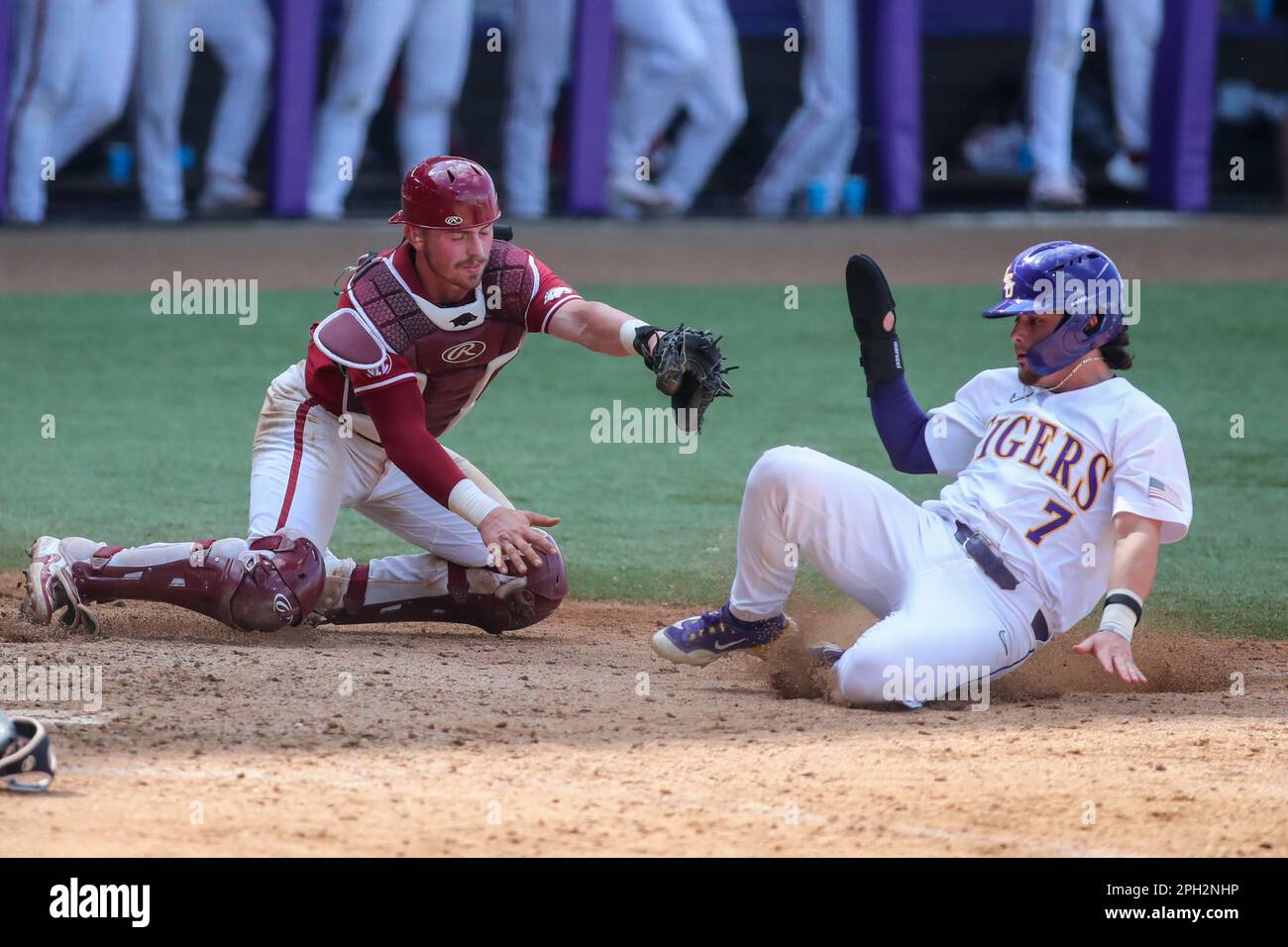 Baton Rouge, LA, USA. 25th Mar, 2023. LSU's Alex Milazzo (7) slides ...