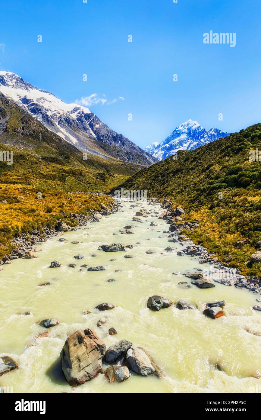 Tasman river from glacier lakes in Mount Cook Aoraki alpine area of New ...