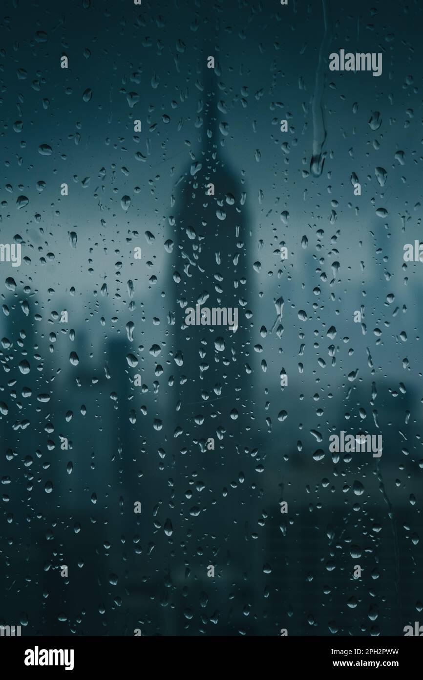 Rain drops out of focu view of the Empire State building viewed at a ...