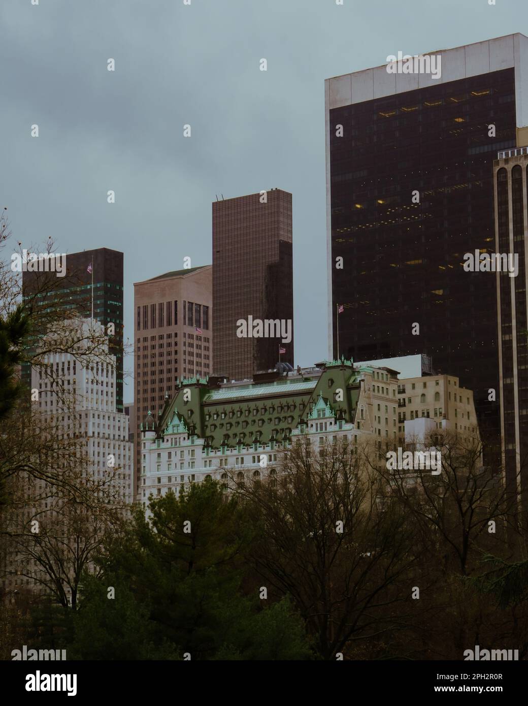 Office buildings view with Plaza Hotel in background from Central Park ...