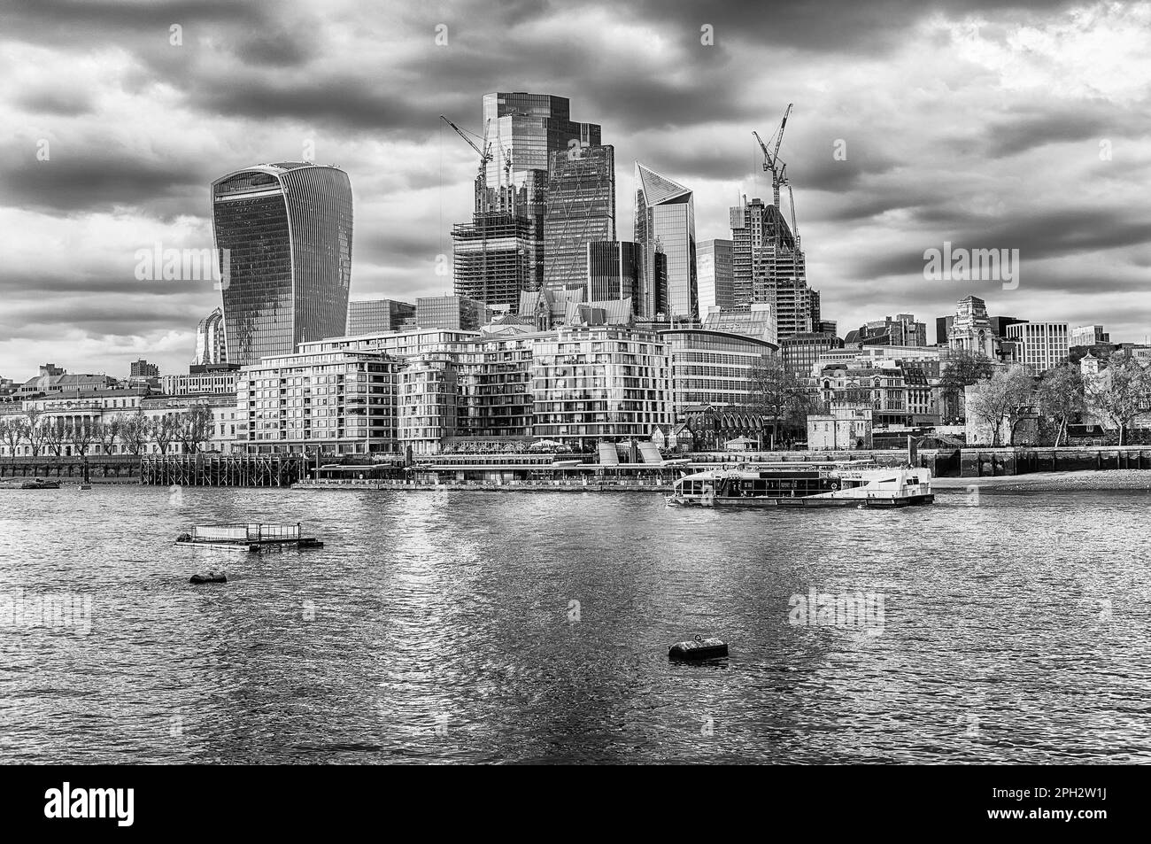 Scenic view over the river Thames and the city skyline, London, England ...