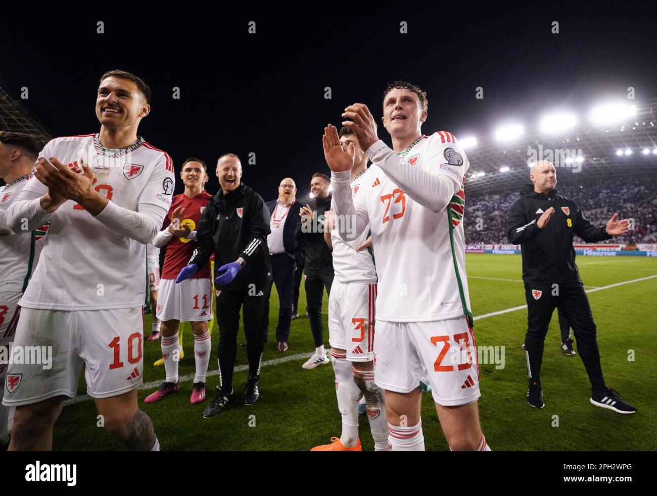 Wales' Aaron Ramsey, Neco Williams and Nathan Broadhead (left-right ...