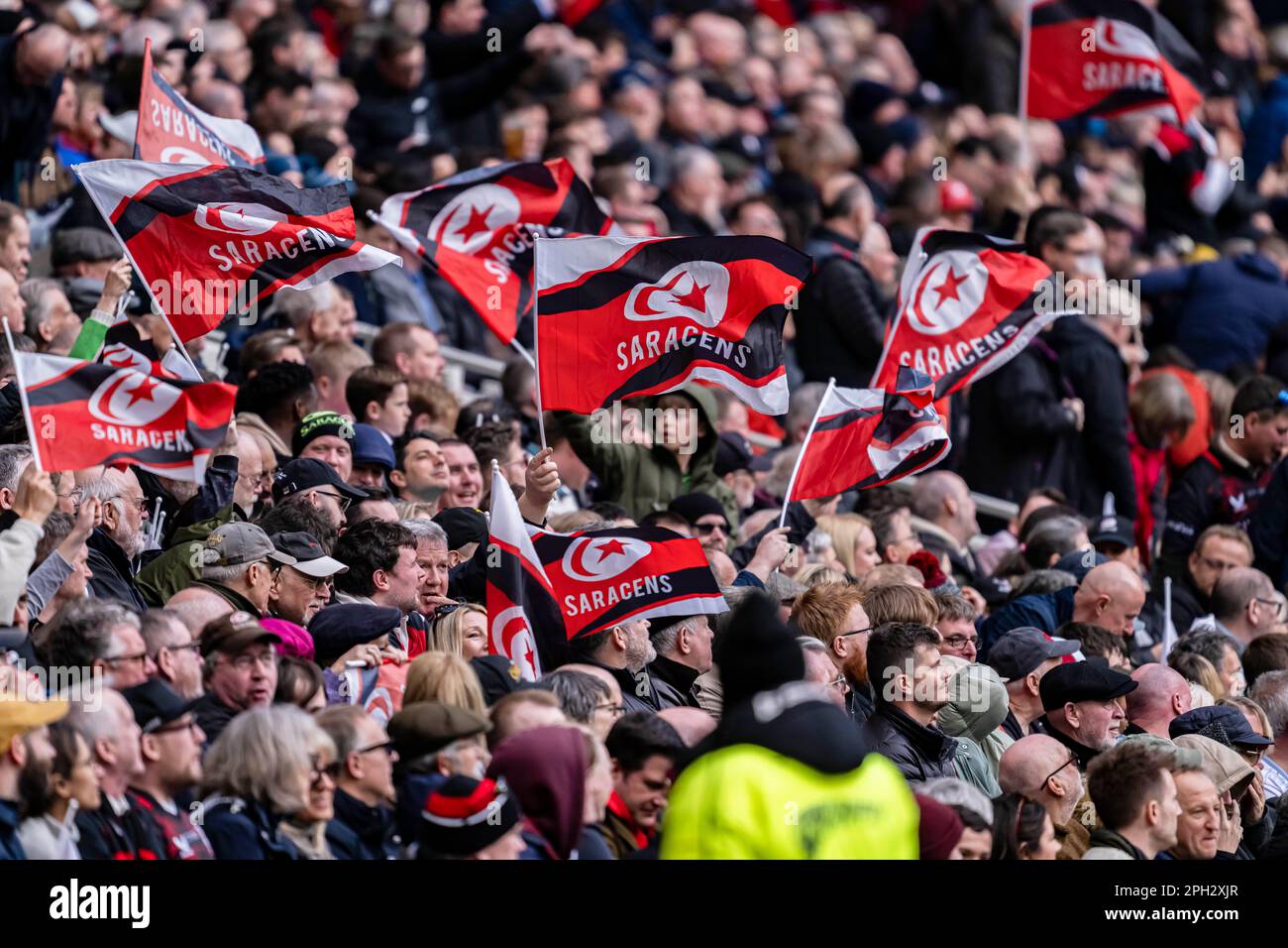 LONDON, UNITED KINGDOM. 25th, Mar 2023. Saracens fans are waving ...