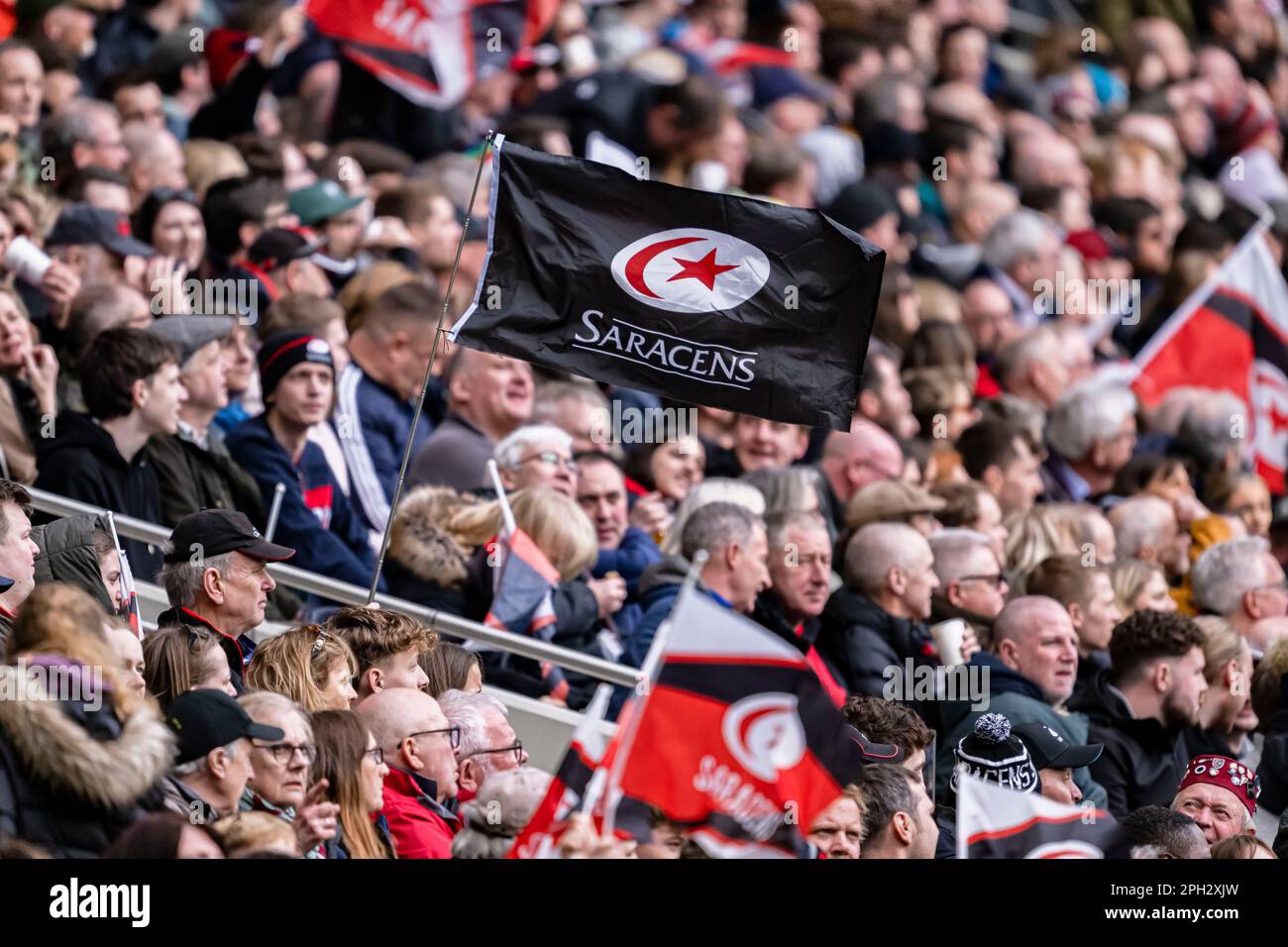 LONDON, UNITED KINGDOM. 25th, Mar 2023. Saracens fans are waving ...