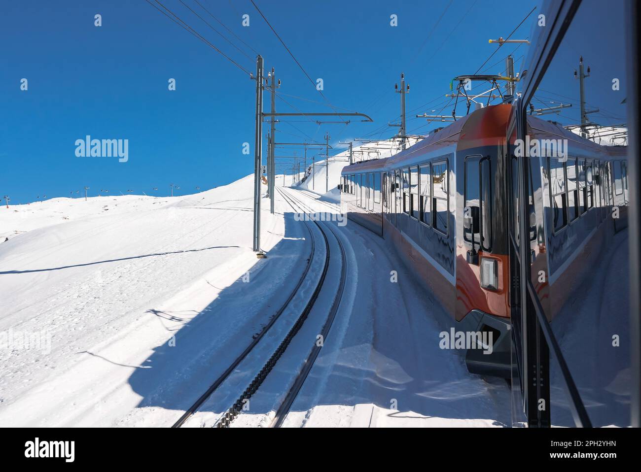 The train of Gonergratbahn running to the Gornergrat station and ...