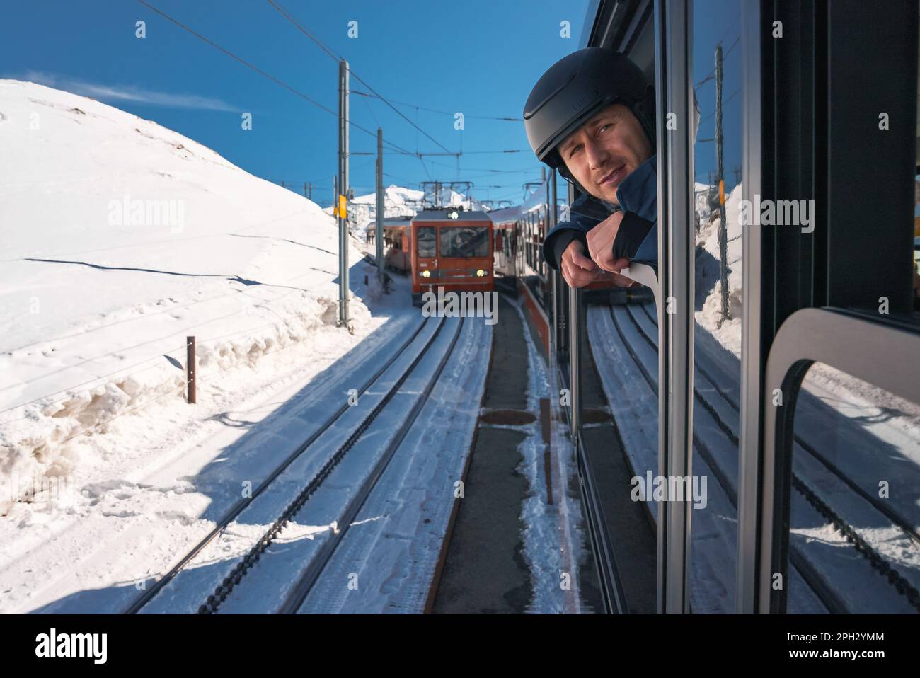 The train of Gonergratbahn running to the Gornergrat station and ...