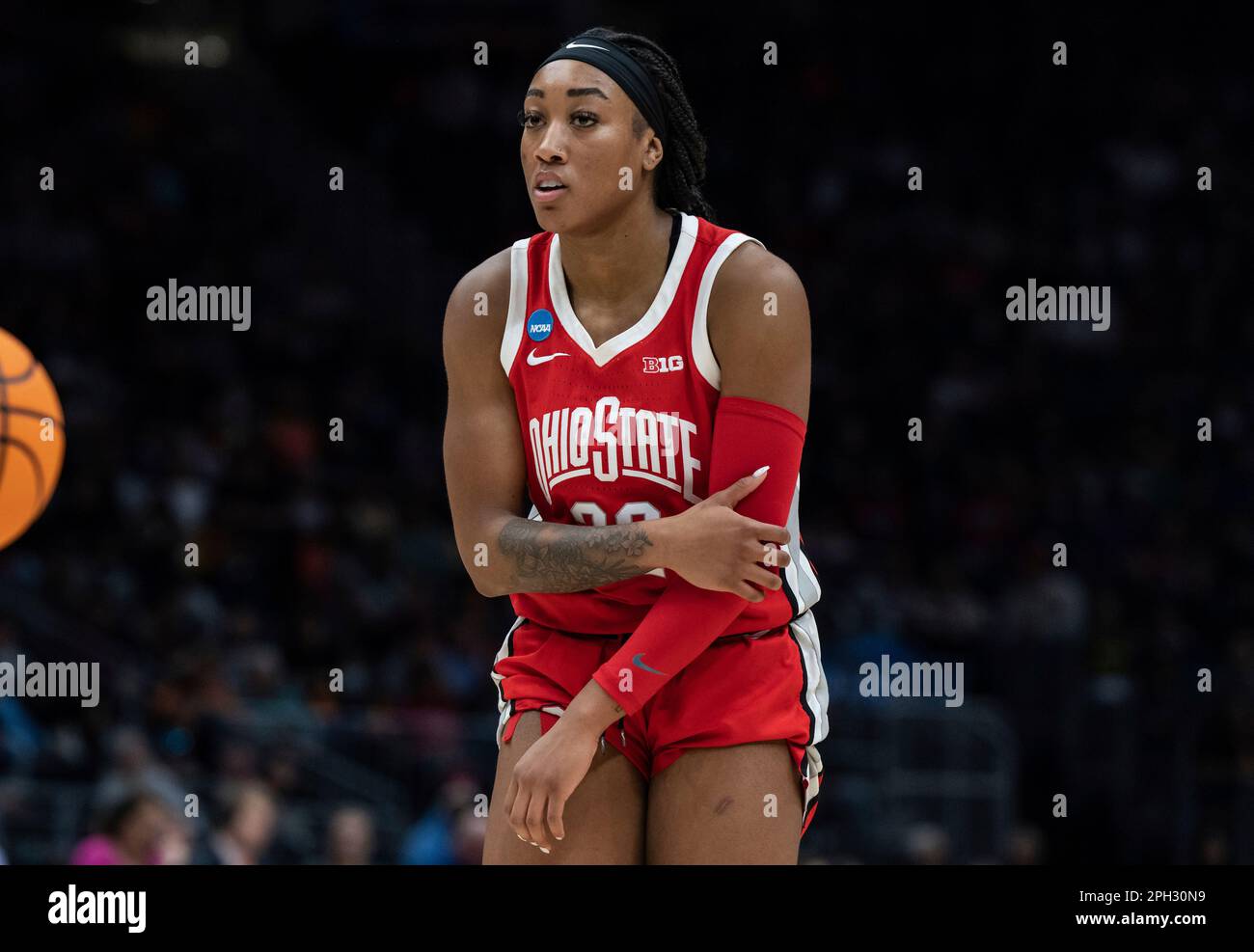 Ohio State forward Cotie McMahon holds her elbow during the second half ...