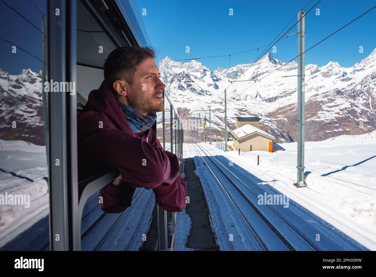 The train of Gonergratbahn running to the Gornergrat station and ...