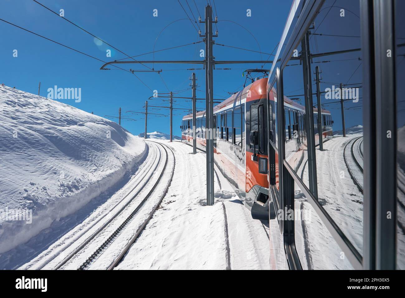 The train of Gonergratbahn running to the Gornergrat station and ...