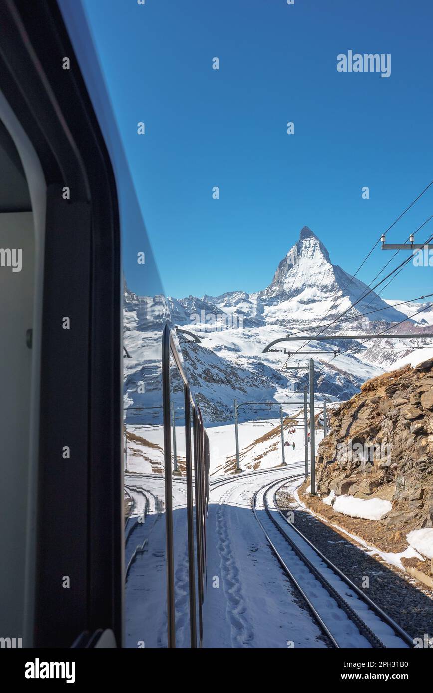The train of Gonergratbahn running to the Gornergrat station and ...