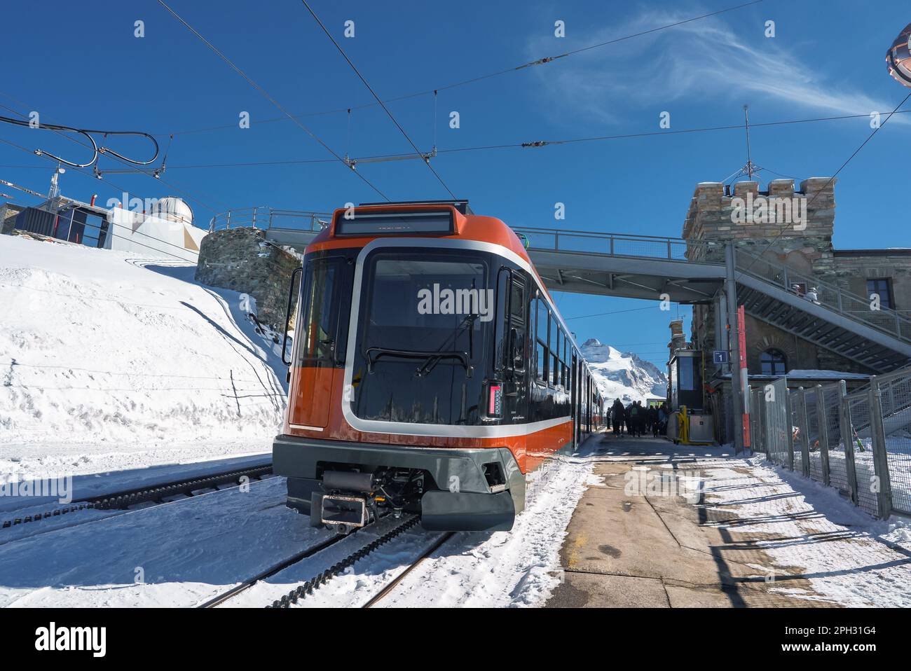 The train of Gonergratbahn running to the Gornergrat station and ...