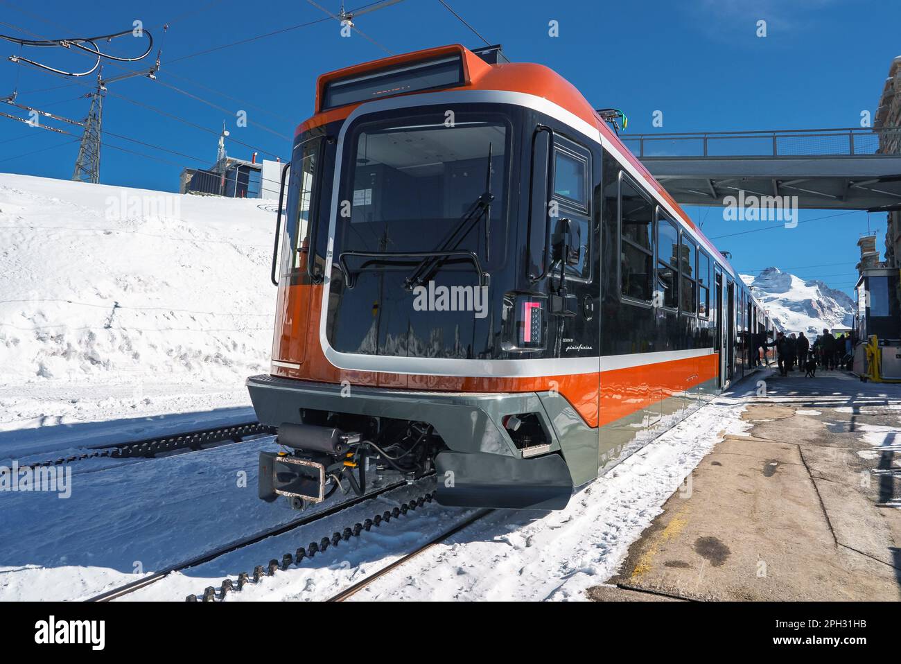 The train of Gonergratbahn running to the Gornergrat station and ...
