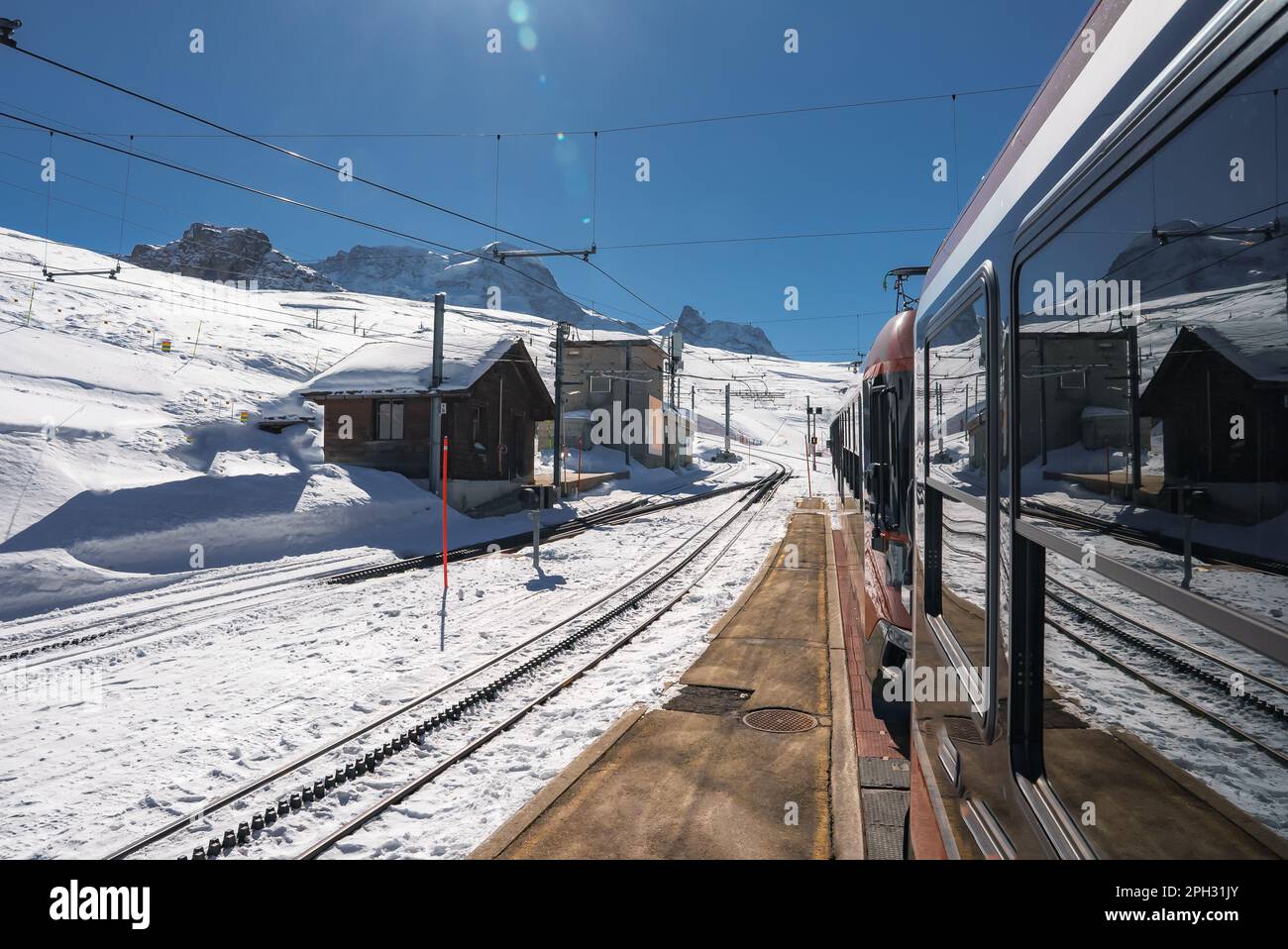 The train of Gonergratbahn running to the Gornergrat station and ...