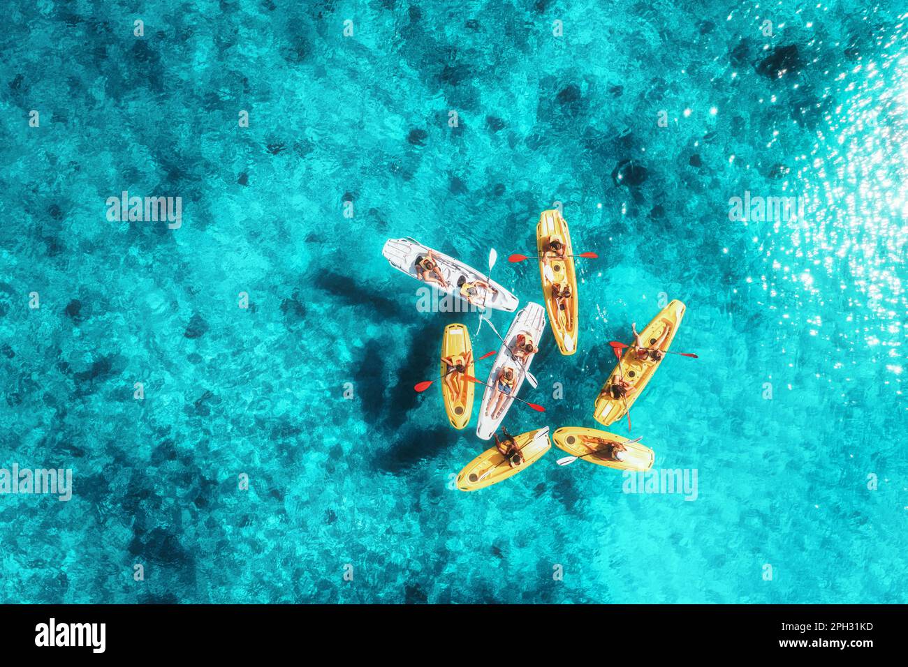 Aerial view yellow kayaks hi-res stock photography and images - Alamy