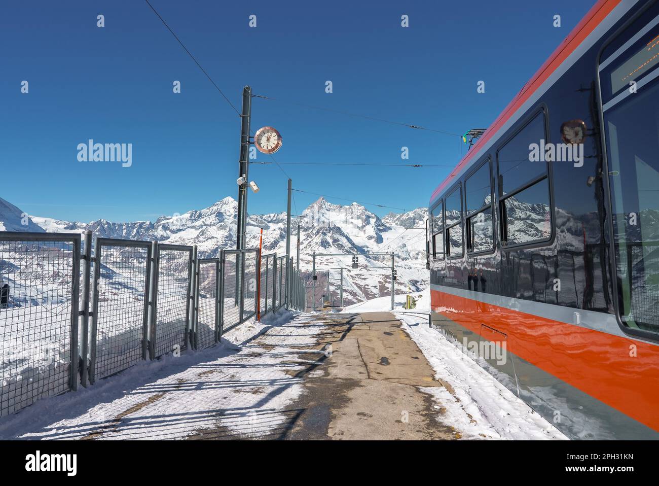 The train of Gonergratbahn running to the Gornergrat station and ...