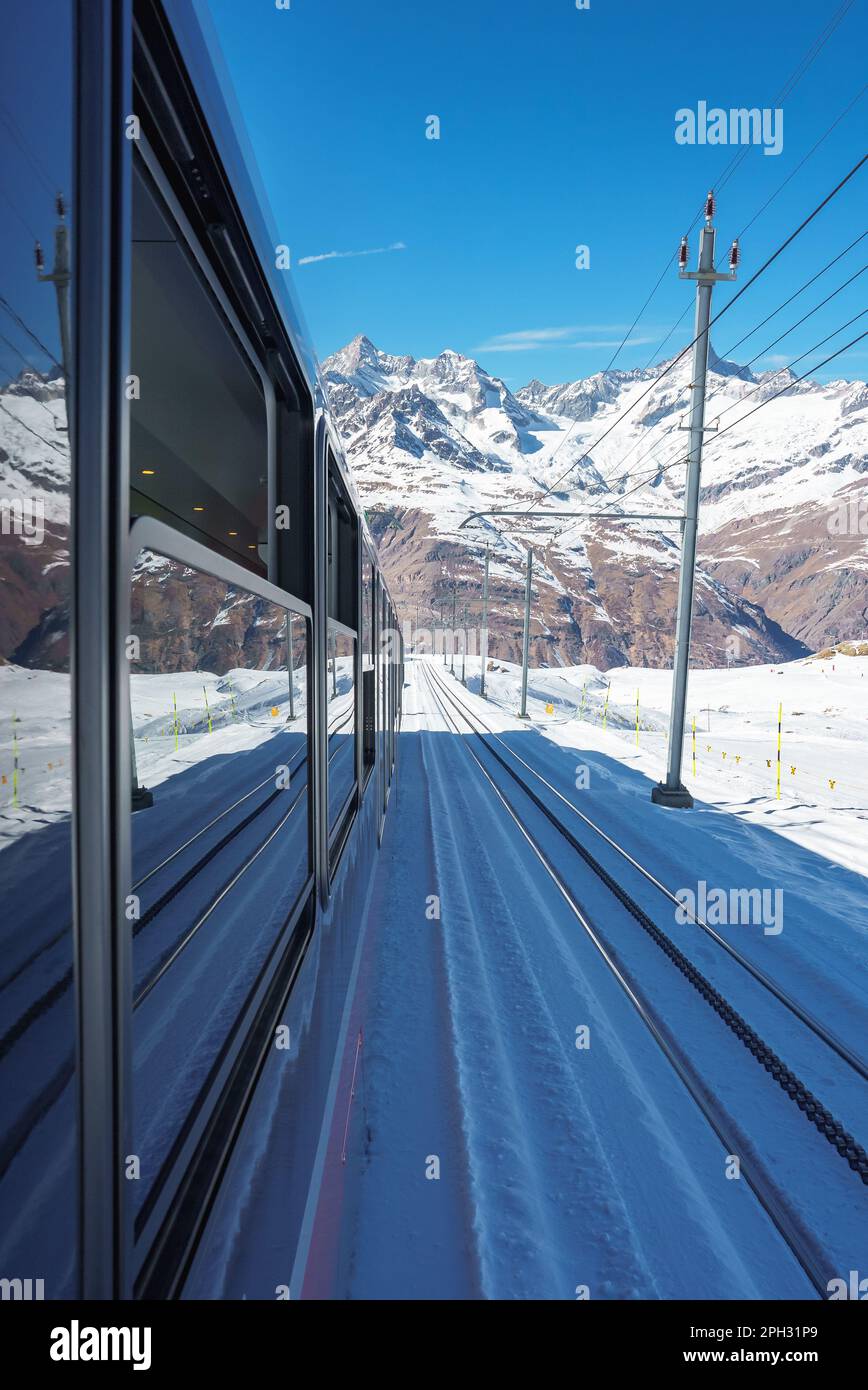The train of Gonergratbahn running to the Gornergrat station and ...