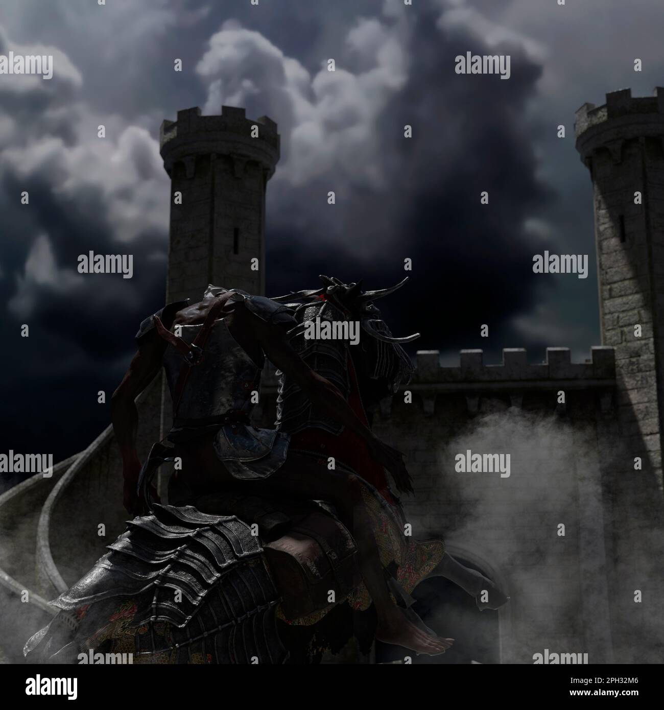 Headless horseman riding an armed horse in front of a medieval castle ...