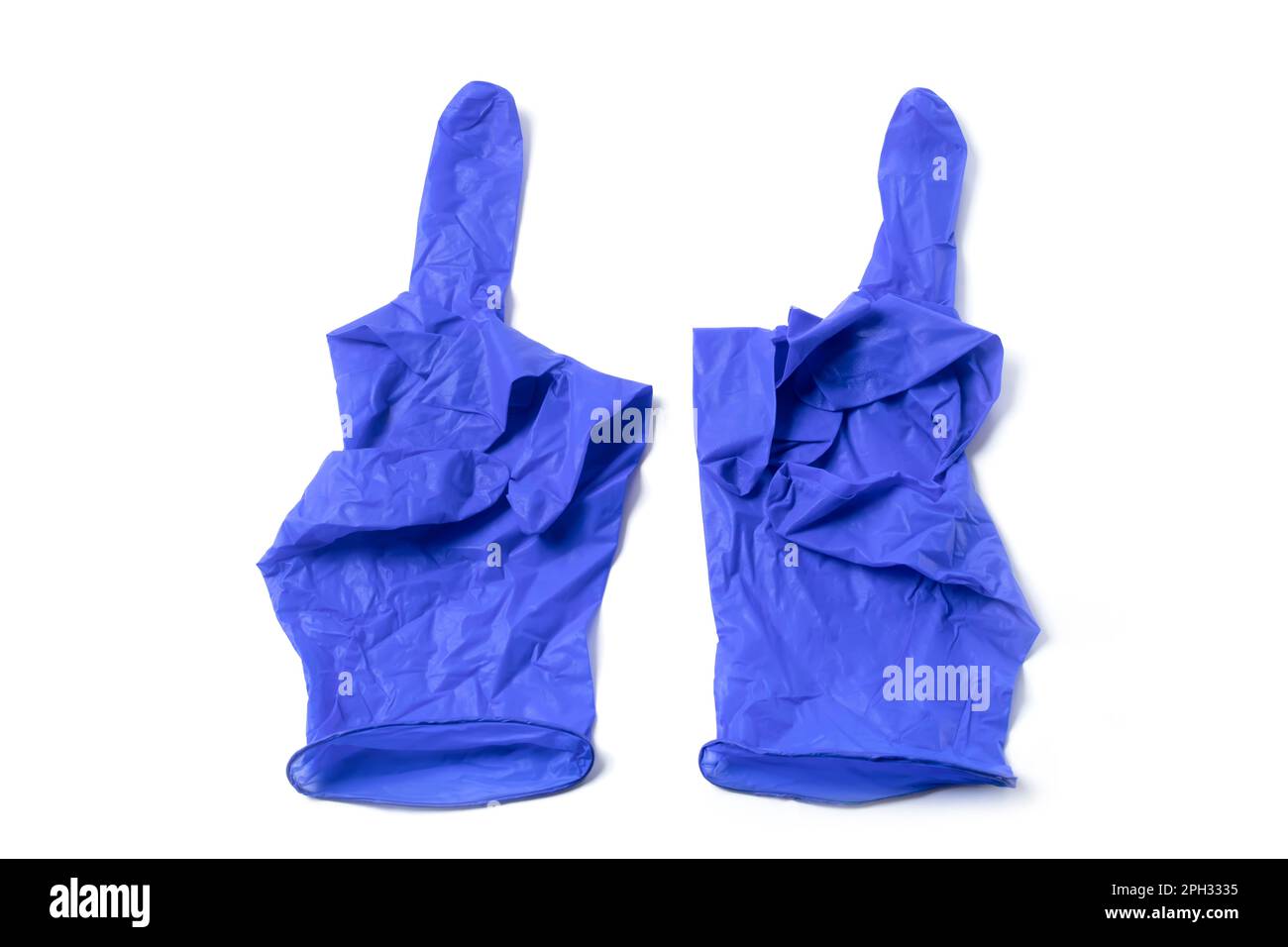 Two blue surgical gloves with open middle finger, isolated Stock Photo ...