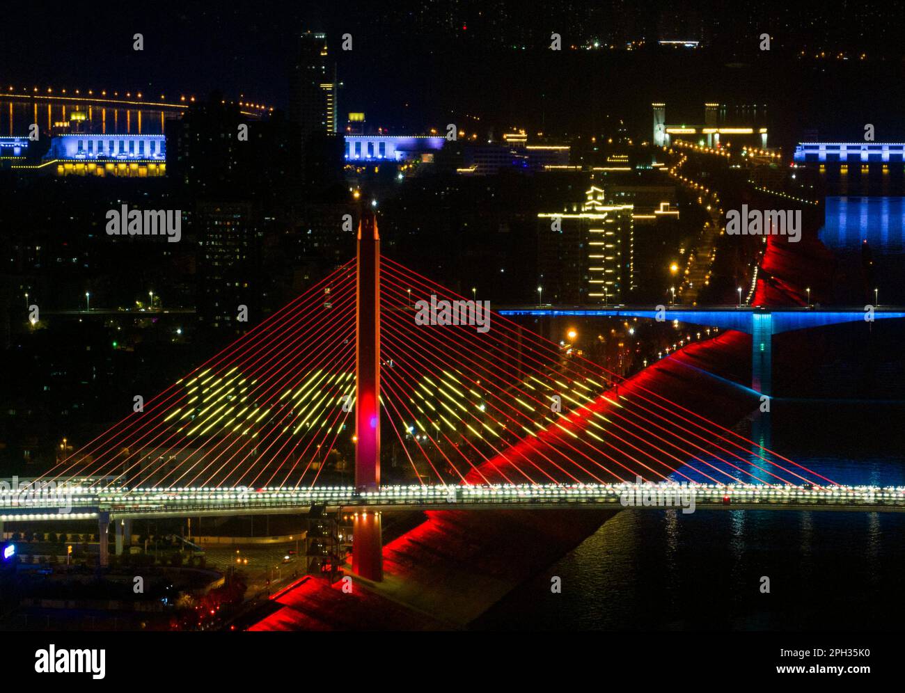 YICHANG, CHINA - MARCH 25, 2023 - Aerial photo shows the night view of ...