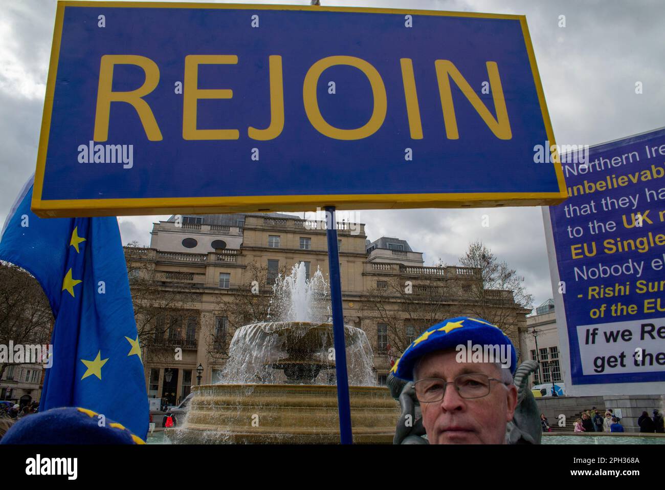 London - 25 March 2023 - Banner and flags as part of the campaign to ...