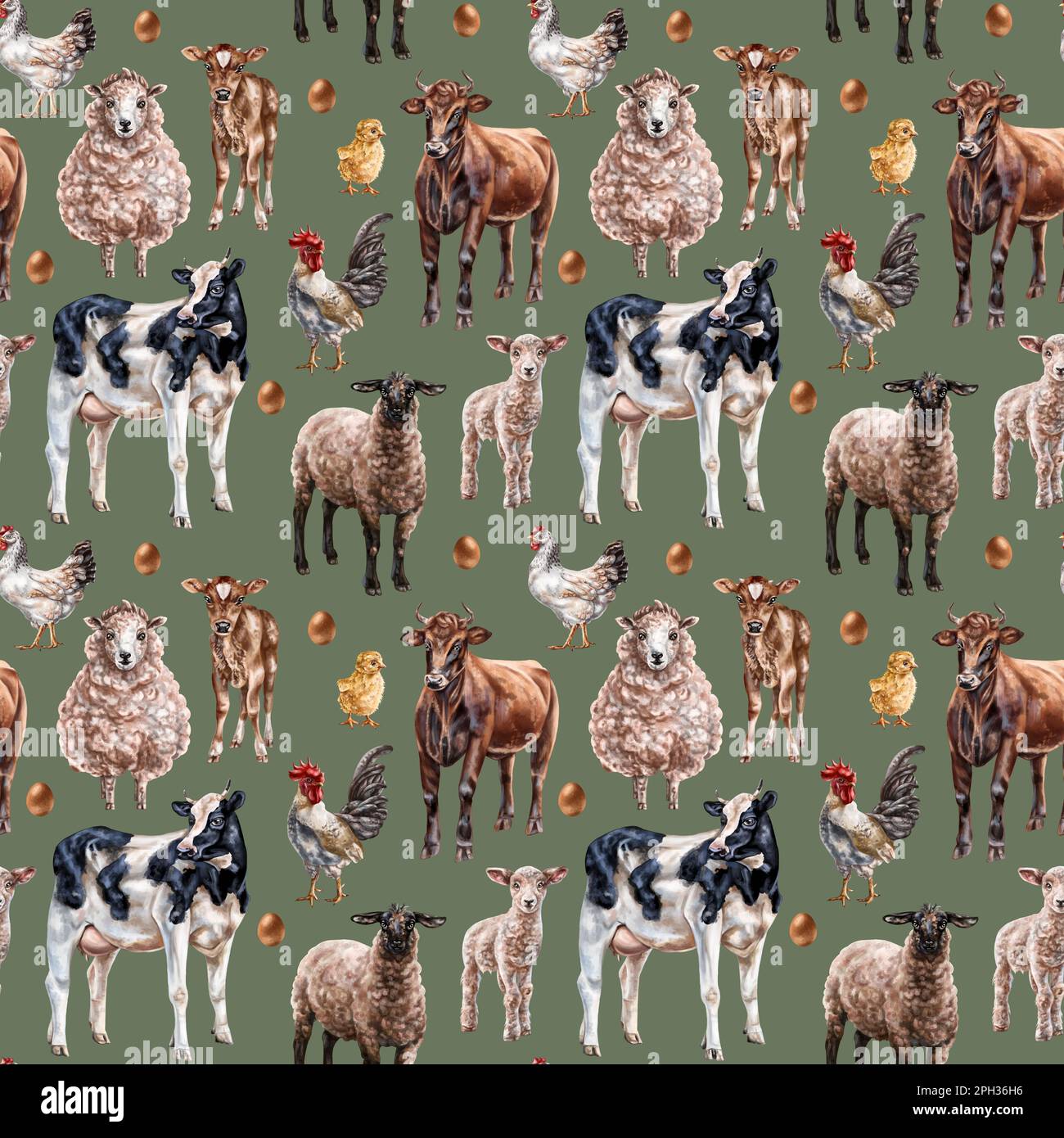 Seamless hand-drawn drawing with farm animals: cows, chickens and sheep ...