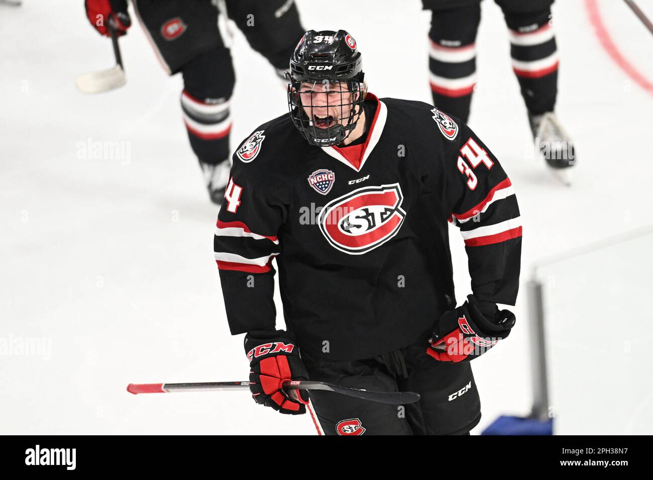 St. Cloud State Huskies forward Adam Ingram (34) celebrates scoring a ...
