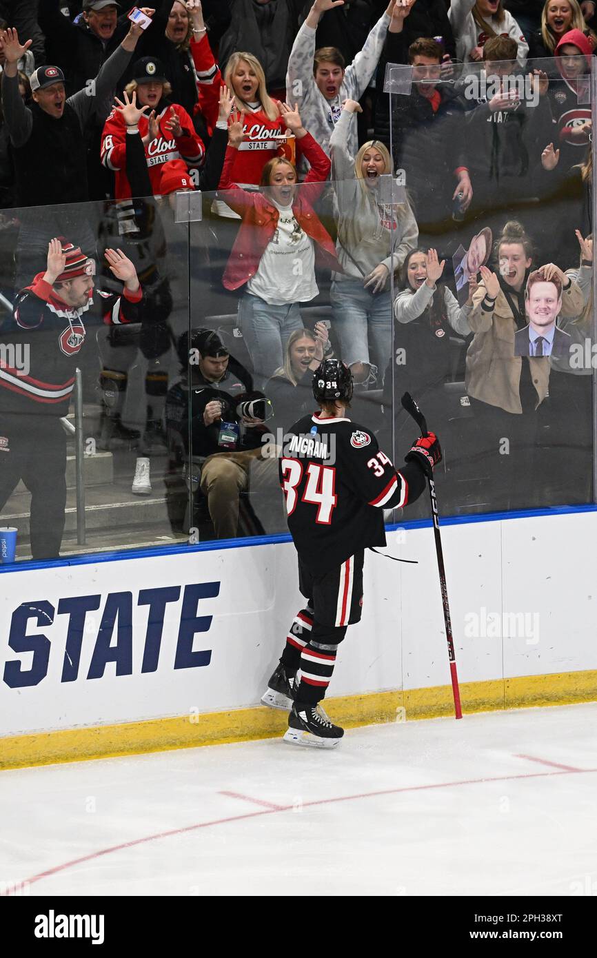 St. Cloud State Huskies forward Adam Ingram (34) celebrates after ...