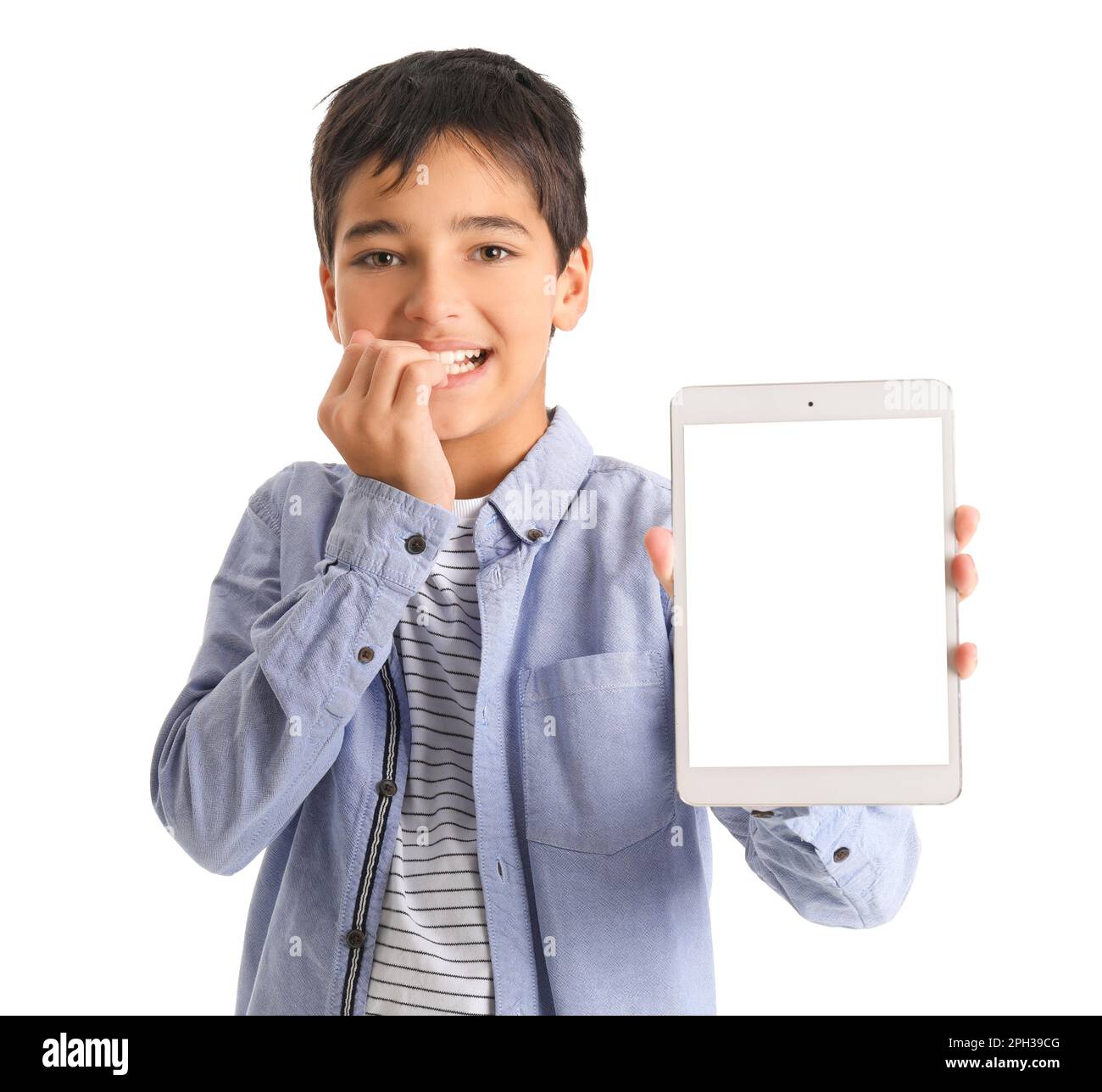 Little boy with tablet computer biting nails on white background Stock ...